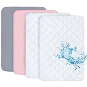 pack and play sheets and waterproof pack n play mattress protector pad cover 4 pack set, ultra soft pack n play mattresses sheets compatible with graco pack n play, grey&pink