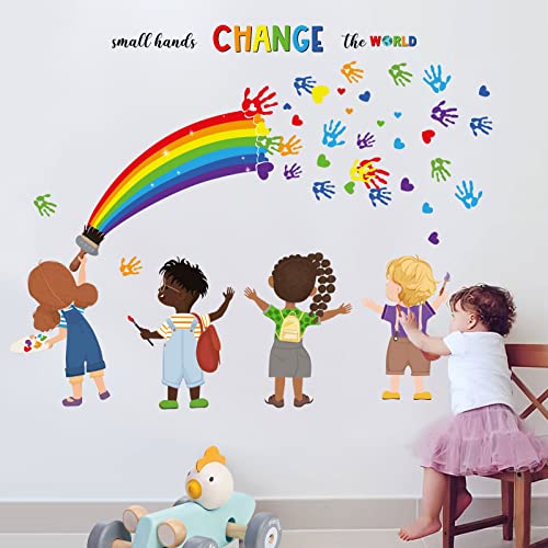 decalmile Small Hands Change The World Equality Wall Stickers Inspirational Quote Rainbow Wall Decals Kids Room Classroom School Library Wall Decor Gift