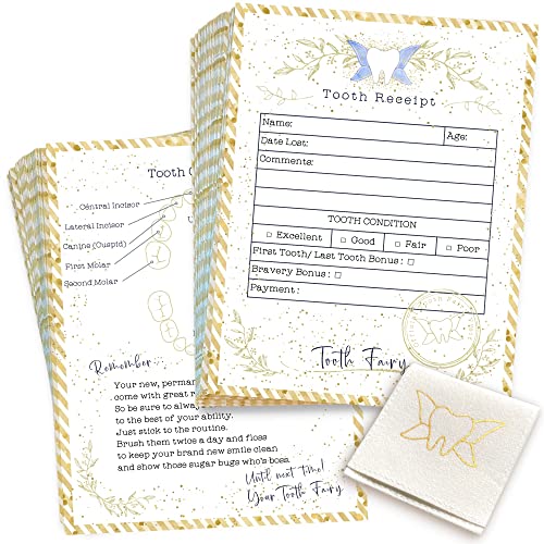 20 Moments of Tooth | 20 Tooth Fairy Receipt Cards and 1 Tooth Fairy Bag | Tooth Fairy Certificate Keepsake for Kids (Light Gold, 4.25x5.5 in)