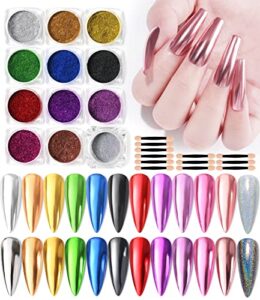 11pcs magic mirror chrome nail powder & 1pc holographic laser silver nail powder pigment, shinny glitter nail art, dust nail powder for manicure decorations