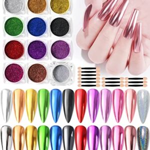 11pcs Magic Mirror Chrome Nail Powder & 1pc Holographic Laser Silver Nail Powder Pigment, Shinny Glitter Nail Art, Dust Nail Powder for Manicure Decorations