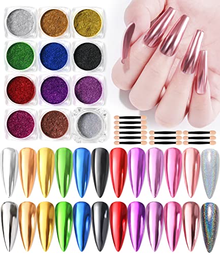 11pcs Magic Mirror Chrome Nail Powder & 1pc Holographic Laser Silver Nail Powder Pigment, Shinny Glitter Nail Art, Dust Nail Powder for Manicure Decorations