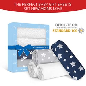 Bassinet Sheets & Waterproof Bamboo Bassinet Mattress Pad Protector 4 Pack Set, Universal Fit for Oval, Hourglass and Rectangular Mattress, Grey & Navy