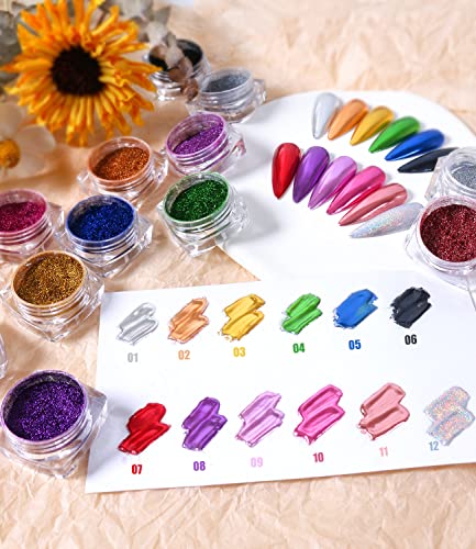 11pcs Magic Mirror Chrome Nail Powder & 1pc Holographic Laser Silver Nail Powder Pigment, Shinny Glitter Nail Art, Dust Nail Powder for Manicure Decorations