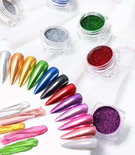 11pcs Magic Mirror Chrome Nail Powder & 1pc Holographic Laser Silver Nail Powder Pigment, Shinny Glitter Nail Art, Dust Nail Powder for Manicure Decorations