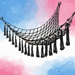 stuffed animal net or hammock, 63"x 50"x50" stuffed animal toy storage hammock with led string lights, corner hanging toy net organizer boho decor for nursery kids room bedroom (black)