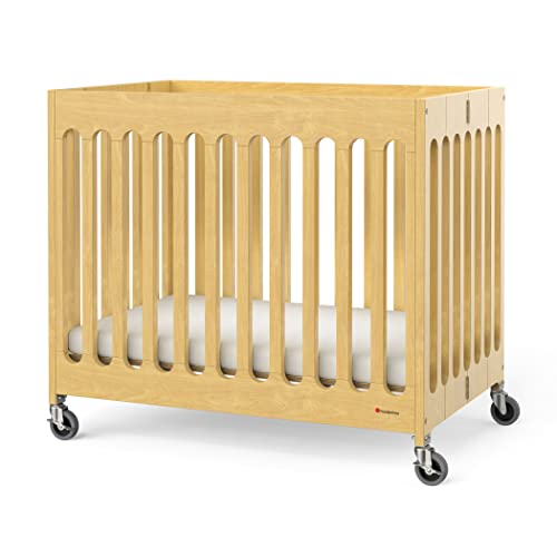 Foundations Boutique Compact Folding Crib, Modern, Contemporary, Mini Crib for Guest Rooms, Vacation Homes, and Small Nurseries, Available in 5 Finishes, Mattress Included (Natural)