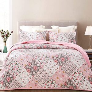 whale flotilla 3-piece printed queen size quilt bedding set with 2 pillow shams lightweight reversible bedspreads coverlet set for all season, pink