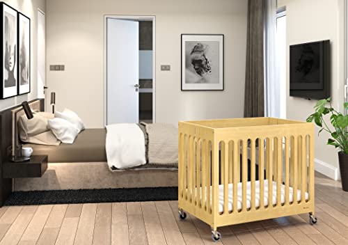 Foundations Boutique Compact Folding Crib, Modern, Contemporary, Mini Crib for Guest Rooms, Vacation Homes, and Small Nurseries, Available in 5 Finishes, Mattress Included (Natural)