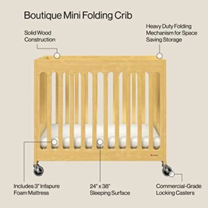 Foundations Boutique Compact Folding Crib, Modern, Contemporary, Mini Crib for Guest Rooms, Vacation Homes, and Small Nurseries, Available in 5 Finishes, Mattress Included (Natural)