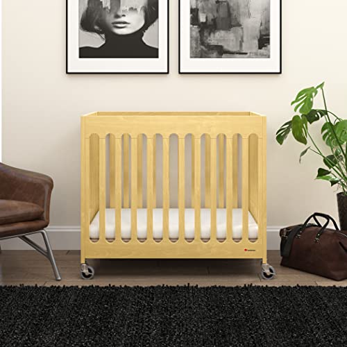 Foundations Boutique Compact Folding Crib, Modern, Contemporary, Mini Crib for Guest Rooms, Vacation Homes, and Small Nurseries, Available in 5 Finishes, Mattress Included (Natural)