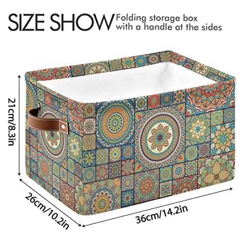 ZOEO Large Storage Basket, Boho Mandala Kitchen Blue Brown Patchwork Flower Oriental Foldable Storages Box Organizer Bins with Leather Handles for Shelves Closet Bedroom, Theme Party