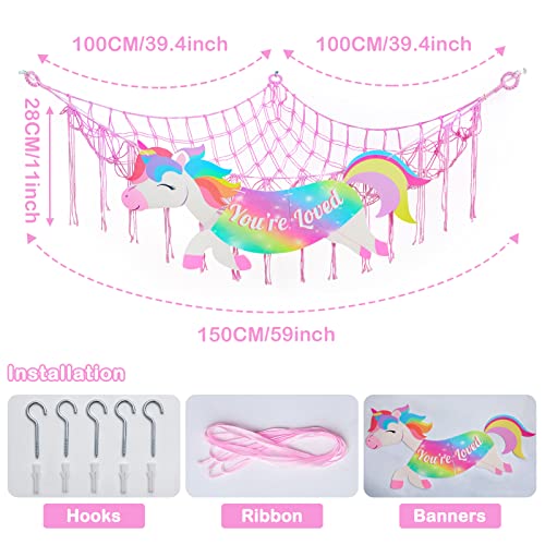 FIOBEE Stuffed Animal Net or Hammock with LED Light, Toy Hammock Net with Banner Stuffed Animal Storage Organizer Hanging Kids Room Wall Decor for Nursery Playroom Bedroom, Unicorn