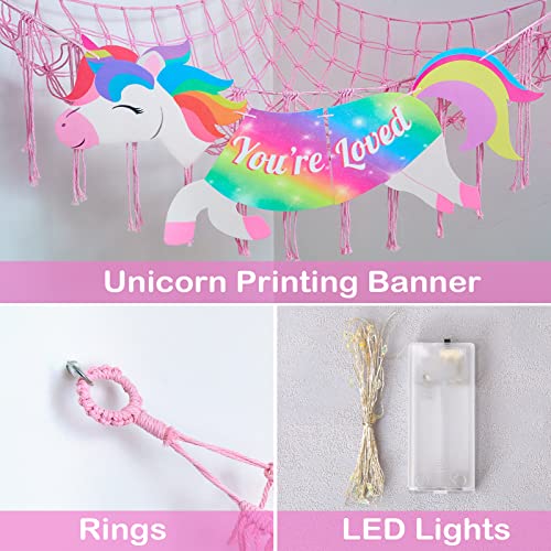 FIOBEE Stuffed Animal Net or Hammock with LED Light, Toy Hammock Net with Banner Stuffed Animal Storage Organizer Hanging Kids Room Wall Decor for Nursery Playroom Bedroom, Unicorn