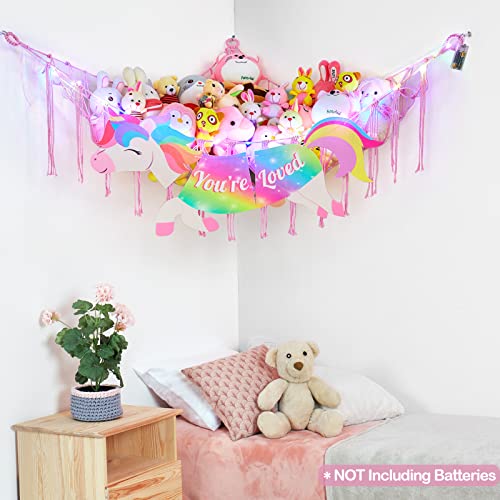 FIOBEE Stuffed Animal Net or Hammock with LED Light, Toy Hammock Net with Banner Stuffed Animal Storage Organizer Hanging Kids Room Wall Decor for Nursery Playroom Bedroom, Unicorn