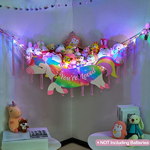 FIOBEE Stuffed Animal Net or Hammock with LED Light, Toy Hammock Net with Banner Stuffed Animal Storage Organizer Hanging Kids Room Wall Decor for Nursery Playroom Bedroom, Unicorn