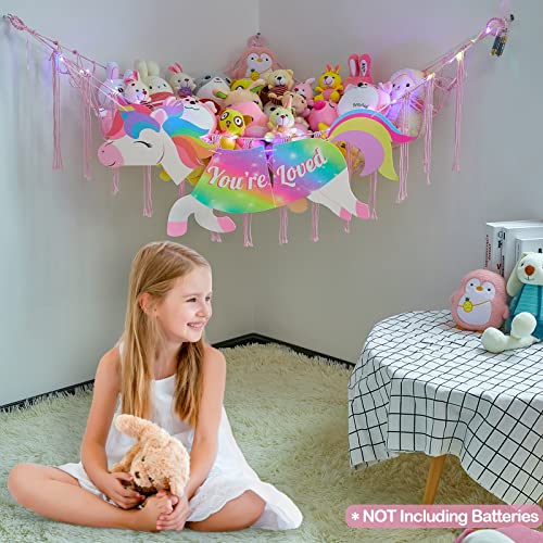 FIOBEE Stuffed Animal Net or Hammock with LED Light, Toy Hammock Net with Banner Stuffed Animal Storage Organizer Hanging Kids Room Wall Decor for Nursery Playroom Bedroom, Unicorn