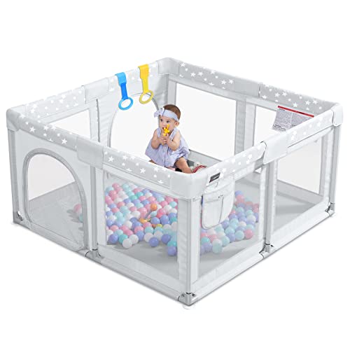 ANGELBLISS Baby Playpen, Large Baby Playard, Play Pens for Babies and Toddlers with Gate, Indoor & Outdoor Play Area for Infants, Kids Safety Play Yard with Star Print (Grey, 50"×50")