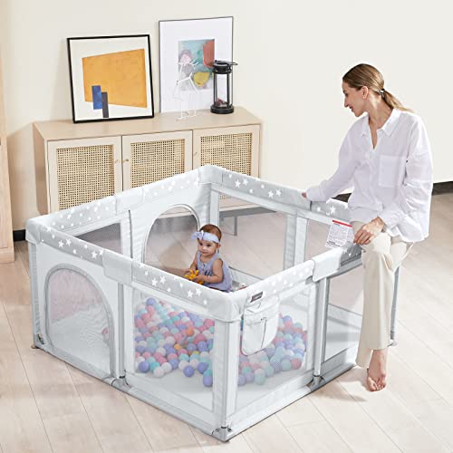 ANGELBLISS Baby Playpen, Large Baby Playard, Play Pens for Babies and Toddlers with Gate, Indoor & Outdoor Play Area for Infants, Kids Safety Play Yard with Star Print (Grey, 50"×50")