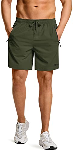 CQR Men's 7 Inches Sports Training Shorts, Lightweight Quick Dry Athletic Shorts, Running Workout Hiking Shorts with Pockets, Tahoe Shorts Olive, X-Large