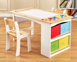 funlio wooden kids art table & 2 chairs set (for ages 3-8), kids craft table with large storage & paper rolls, toddler drawing table solid wood, easy to assemble/clean, cpc & ce certified