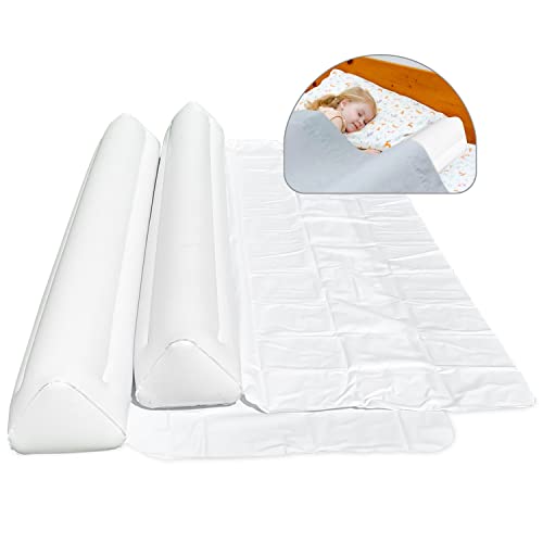 [2-Pack] Inflatable Bed Rail for Toddlers, Kids with Pump - baby portable rail guard for travel - blow-up bed bumpers with safety flaps - King, Queen, Full, Twin, Toddler Size Bed - infant bed bumper