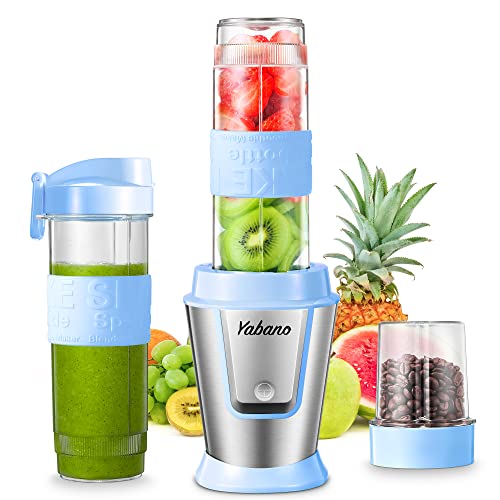 Personal Blender with 2 x 20oz Travel Bottle and Coffee/Spices Jar, Portable Smoothie Blender and Coffee Grinder in One, 500W Single Serve Blender for Shakes and Smoothies, BPA free, by Yabano (Blue)