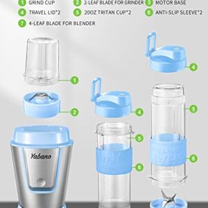 Personal Blender with 2 x 20oz Travel Bottle and Coffee/Spices Jar, Portable Smoothie Blender and Coffee Grinder in One, 500W Single Serve Blender for Shakes and Smoothies, BPA free, by Yabano (Blue)