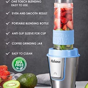 Personal Blender with 2 x 20oz Travel Bottle and Coffee/Spices Jar, Portable Smoothie Blender and Coffee Grinder in One, 500W Single Serve Blender for Shakes and Smoothies, BPA free, by Yabano (Blue)