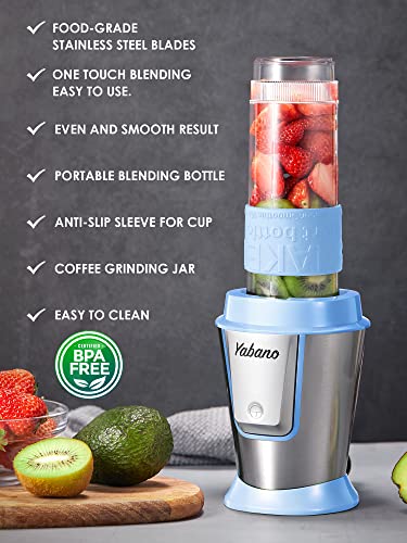 Personal Blender with 2 x 20oz Travel Bottle and Coffee/Spices Jar, Portable Smoothie Blender and Coffee Grinder in One, 500W Single Serve Blender for Shakes and Smoothies, BPA free, by Yabano (Blue)