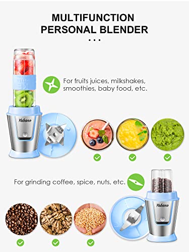 Personal Blender with 2 x 20oz Travel Bottle and Coffee/Spices Jar, Portable Smoothie Blender and Coffee Grinder in One, 500W Single Serve Blender for Shakes and Smoothies, BPA free, by Yabano (Blue)