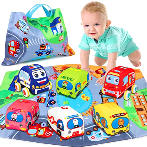 LOVKIZ Baby Toys 6 to 12 Months - Soft Car Toys for 1 Year Old Boy Girl with Playmat Storage Bag - Infant Baby Toys 12-18 Months Toddler Toys Age 1-2 - 1st Birthday Gifts for 1 2 3 Year Old (6 Sets)