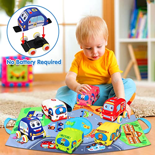 LOVKIZ Baby Toys 6 to 12 Months - Soft Car Toys for 1 Year Old Boy Girl with Playmat Storage Bag - Infant Baby Toys 12-18 Months Toddler Toys Age 1-2 - 1st Birthday Gifts for 1 2 3 Year Old (6 Sets)