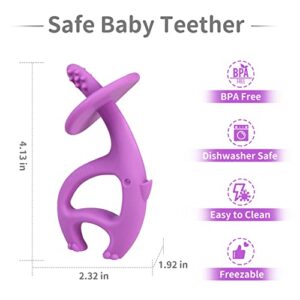 Mombella Baby Teething Toys for Babies 3 6 12 Months with Attachment to Clip on, Soft Silicone Teether Toys, 2 in 1 Elephant Teethers & Pre-Training Toothbrush, 9 Month Old Infant Chew Toys, Purple