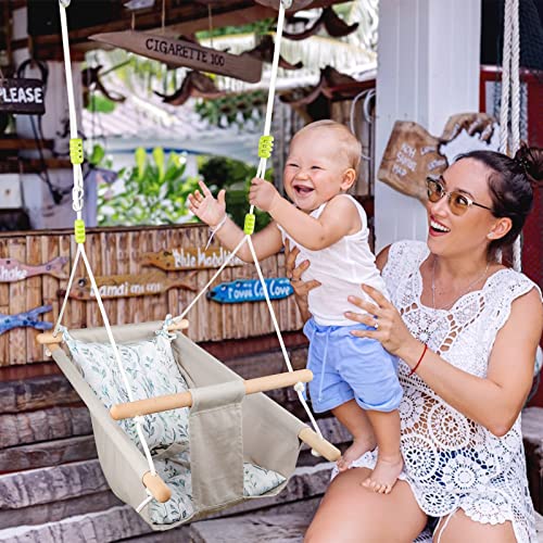 Baby Swing Hammock Infant Wooden Swing with Soft Cushion, Indoor & Outdoor Toddler Secure Hanging Swing Chair for Playground, Tree or Backyard, Green Leaf