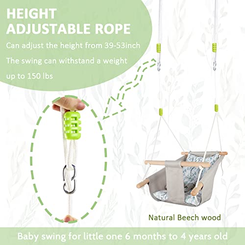 Baby Swing Hammock Infant Wooden Swing with Soft Cushion, Indoor & Outdoor Toddler Secure Hanging Swing Chair for Playground, Tree or Backyard, Green Leaf