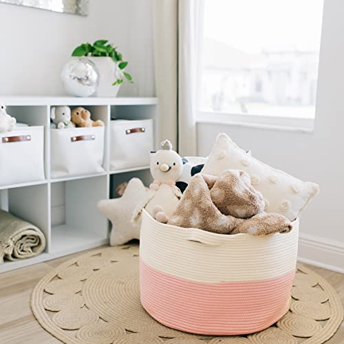 OrganiHaus XXX Large Cotton Rope Basket for Blankets Living Room | Blanket Basket & Storage Baskets for Organizing | Laundry Baskets for Storage Toy Basket for Baby | Large Woven Basket - Pink/White