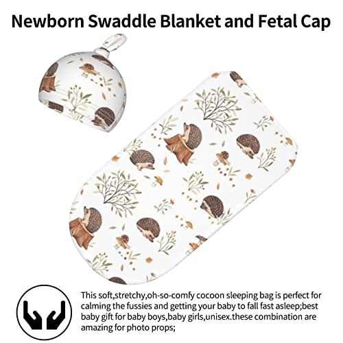 Hedgehog Baby Stuff Mushroom Newborn Swaddle Blanket with Beanie Set, Soft and Stretchy Baby Receiving Blanket Swaddle Sack for Boy and Girl Gift