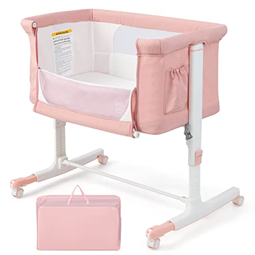 GLACER 3 in 1 Baby Bassinet, Portable Bedside Sleeper w/ Cradle Mode, Removable Mattress, Adjustable Height, Storage Pockets & Lockable Wheels, Newborn Infant Travel Crib Bed w/ Carry Bag, Pink