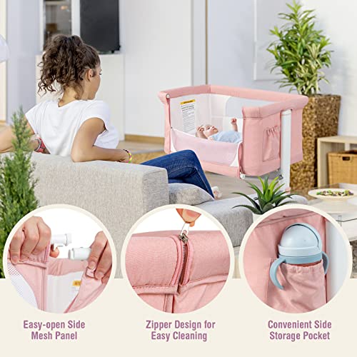 GLACER 3 in 1 Baby Bassinet, Portable Bedside Sleeper w/ Cradle Mode, Removable Mattress, Adjustable Height, Storage Pockets & Lockable Wheels, Newborn Infant Travel Crib Bed w/ Carry Bag, Pink