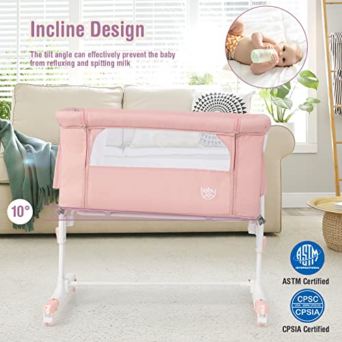 GLACER 3 in 1 Baby Bassinet, Portable Bedside Sleeper w/ Cradle Mode, Removable Mattress, Adjustable Height, Storage Pockets & Lockable Wheels, Newborn Infant Travel Crib Bed w/ Carry Bag, Pink