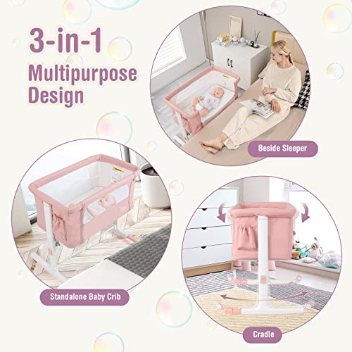 GLACER 3 in 1 Baby Bassinet, Portable Bedside Sleeper w/ Cradle Mode, Removable Mattress, Adjustable Height, Storage Pockets & Lockable Wheels, Newborn Infant Travel Crib Bed w/ Carry Bag, Pink