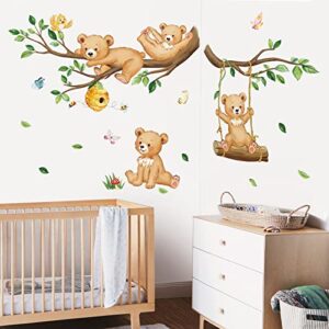 decalmile Woodland Bear Wall Decals Animal Tree Branch Wall Stickers Baby Nursery Kids Bedroom Living Room Wall Decor