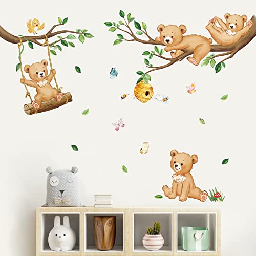 decalmile Woodland Bear Wall Decals Animal Tree Branch Wall Stickers Baby Nursery Kids Bedroom Living Room Wall Decor