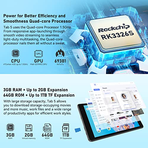 Blackview Tab 5 Tablets, 2023 Latest Tablet Android 12, Quad-Core 5GB(3+2) RAM 64GB ROM up to 1TB TF, 8 inch Tablet HD+ IPS 1280*800, Android Tablet 5580mAh Big Battery, Dual BOX Speakers WiFi, Gray