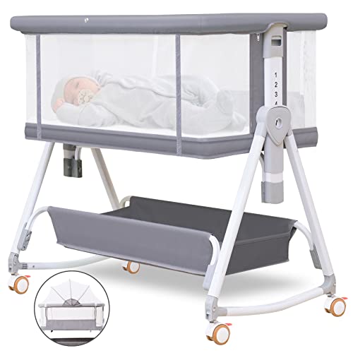 Baby Bassinet Bedside Sleeper for Baby with Wheels and Storage Basket ,All Mesh Portable Bedside Bassinet Co Sleeper for Newborn /Infant,7 Height Adjustable Easy to Assemble Bedside Crib（3 in 1，Grey）