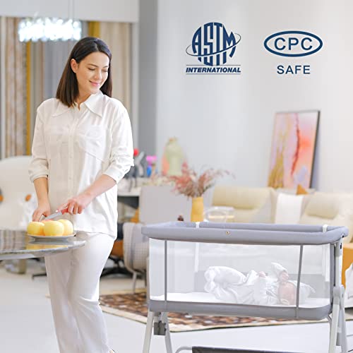 Baby Bassinet Bedside Sleeper for Baby with Wheels and Storage Basket ,All Mesh Portable Bedside Bassinet Co Sleeper for Newborn /Infant,7 Height Adjustable Easy to Assemble Bedside Crib（3 in 1，Grey）