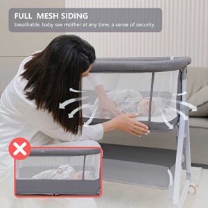 Baby Bassinet Bedside Sleeper for Baby with Wheels and Storage Basket ,All Mesh Portable Bedside Bassinet Co Sleeper for Newborn /Infant,7 Height Adjustable Easy to Assemble Bedside Crib（3 in 1，Grey）