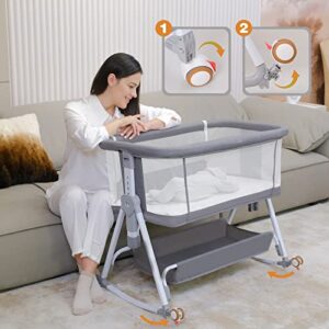 Baby Bassinet Bedside Sleeper for Baby with Wheels and Storage Basket ,All Mesh Portable Bedside Bassinet Co Sleeper for Newborn /Infant,7 Height Adjustable Easy to Assemble Bedside Crib（3 in 1，Grey）