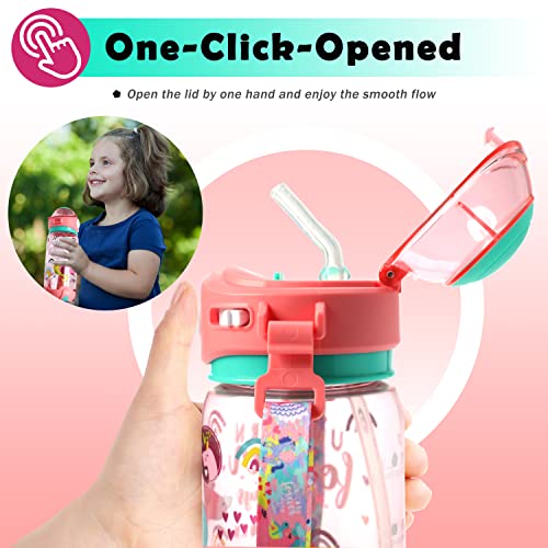 YOYTOO Kids Water Bottle with Straw/Lanyard for School Kids Girls Boys, 22oz BPA Free Child Drinking Water Bottle One-Click-Open Leak-Proof Locking Flip Lid for School Sport Travel (Unicorn)